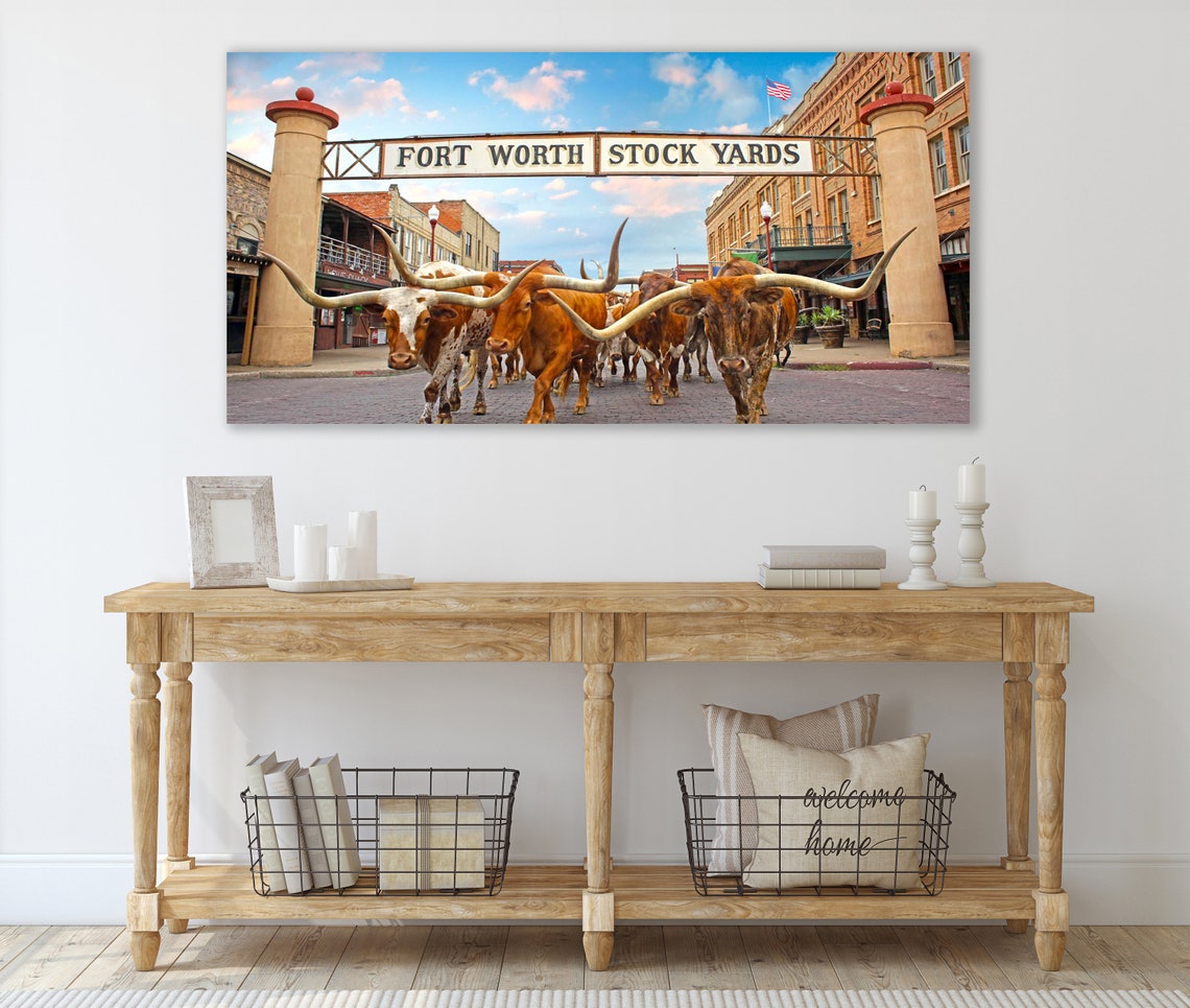 Fort Worth Stock Yards Art, Texas Bulls Longhorn, Huge Canvas Wall Art ...