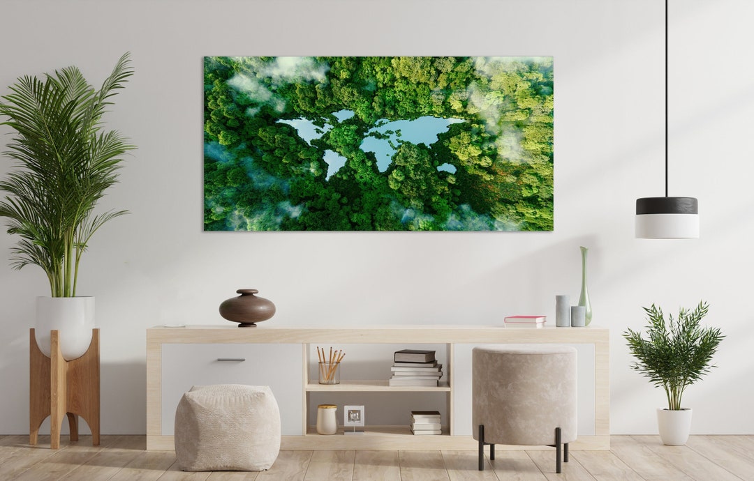 Forest World Map Wall Art, Lake in the Shape of A World Map Canvas ...