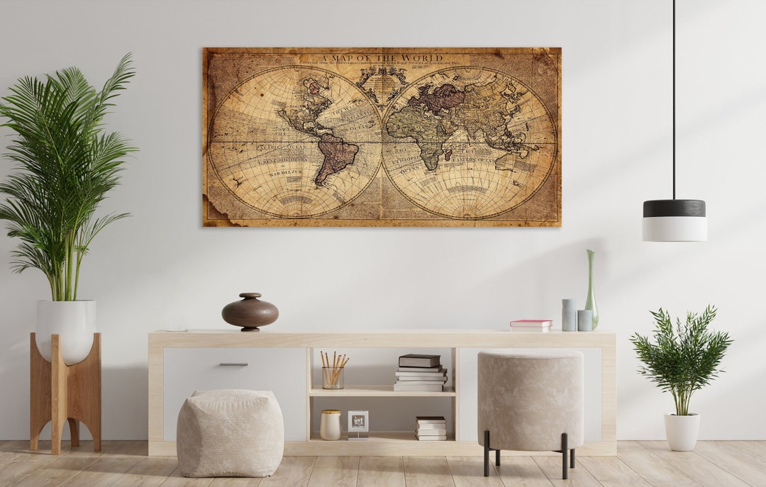Rustic World Map Art Print, Vintage World Map Art, Huge Canvas Wall Art ...
