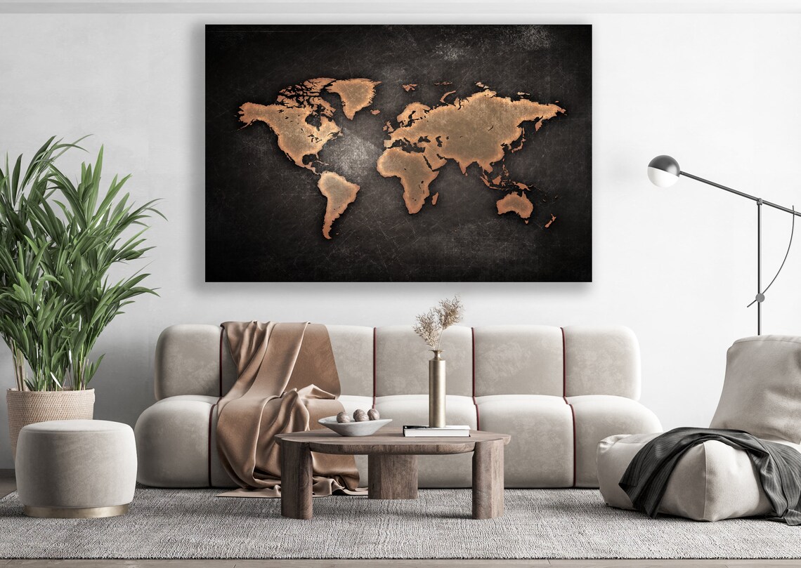 Rustic World Map Wall Art, Huge Canvas Home Decor, World Map Canvas ...
