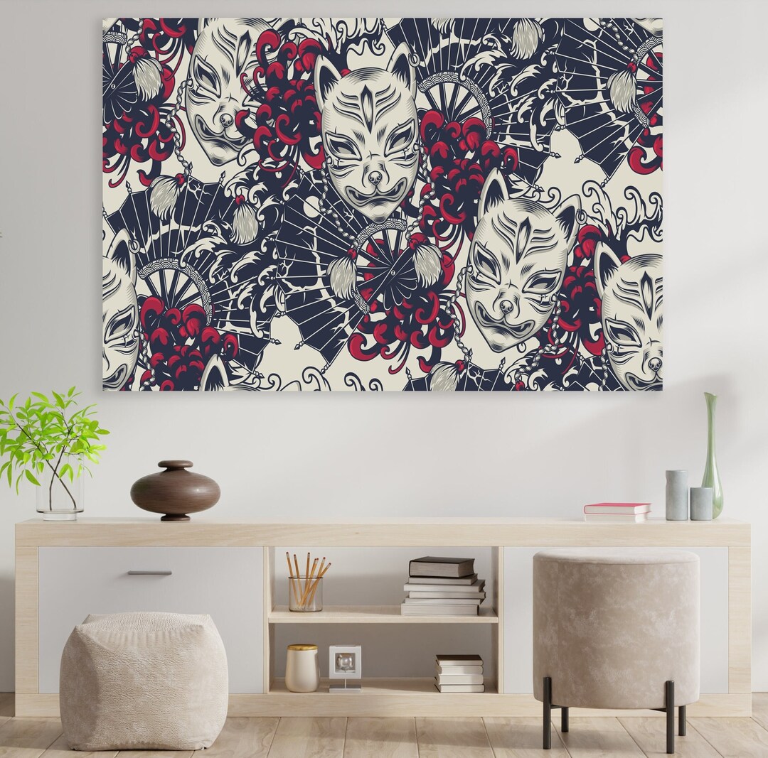 Japanese Kitsune Mask Canvas, Vintage Japanese Art Print, Huge Canvas ...