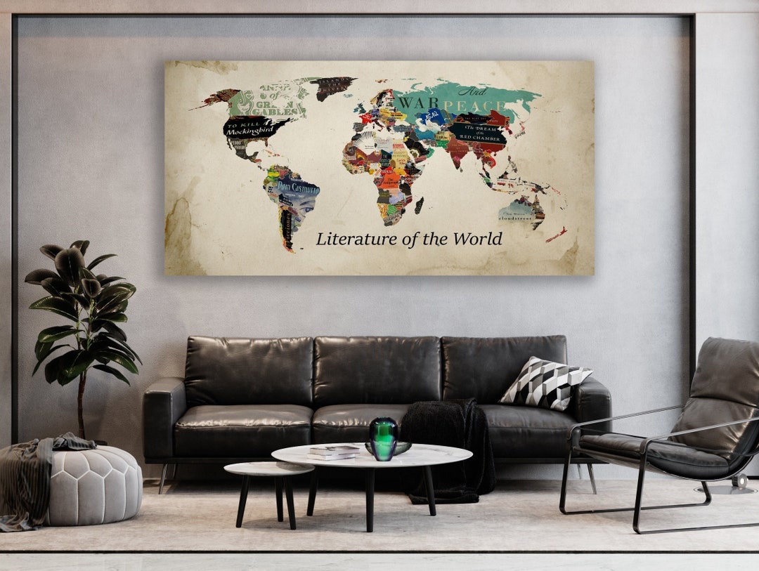 World Literature Map Wall Art, Vintage World Map Art, Huge Canvas Wall ...