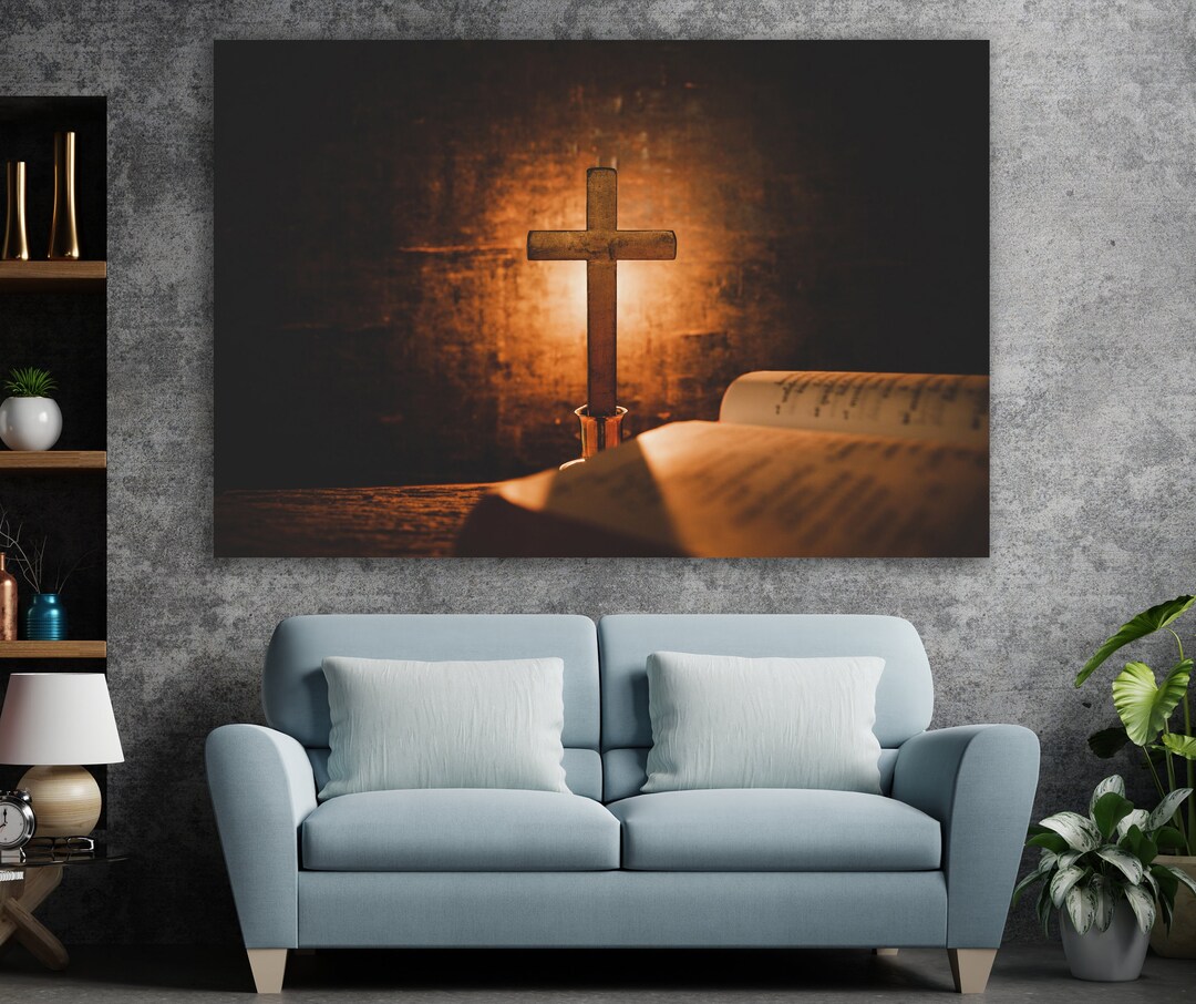 Cross and Bible Canvas, Holy Bible Wall Art, Cross Wall Decor, Huge ...