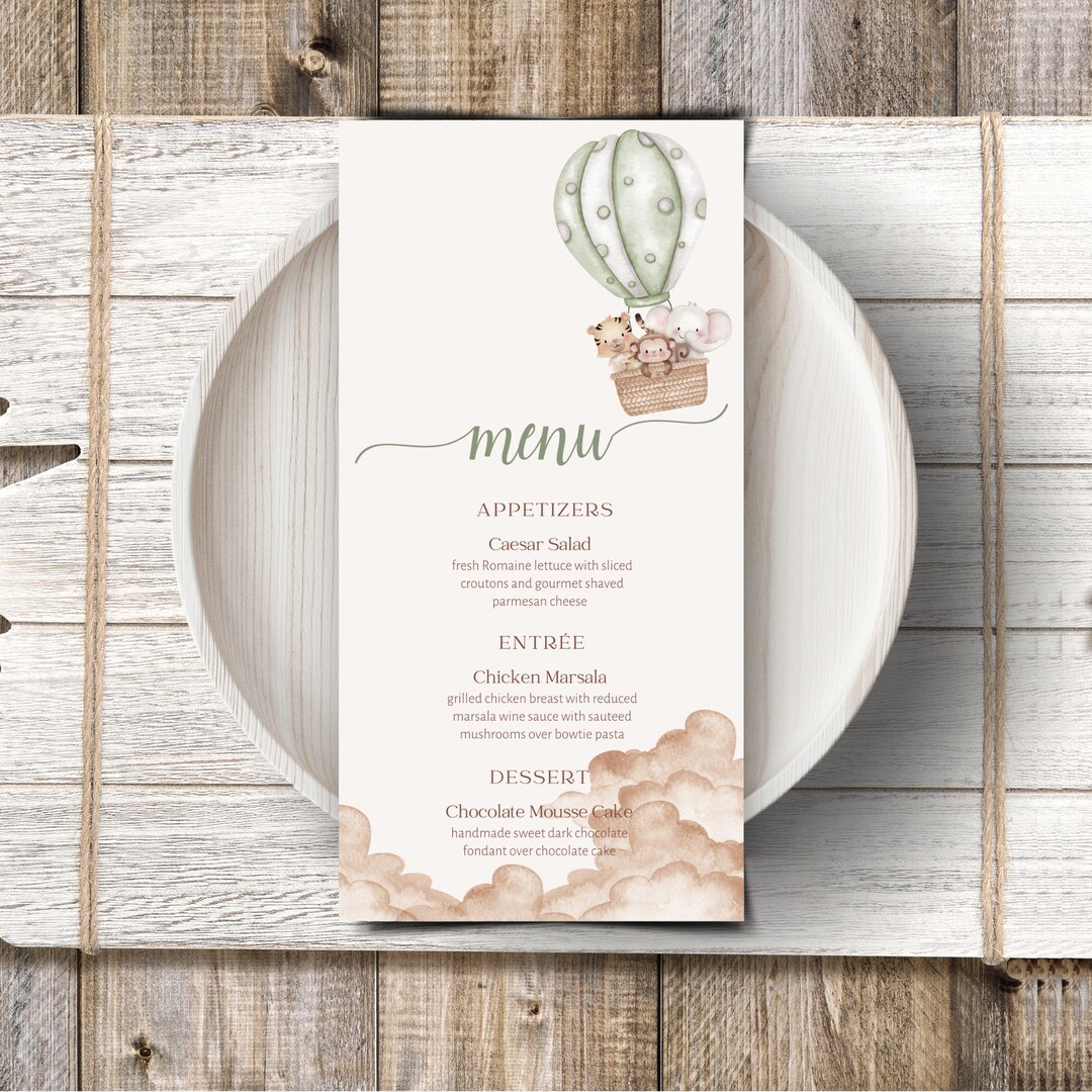 Hello Baby Safari Animals Hot Air Balloons Baby Shower Dinner Menu ...