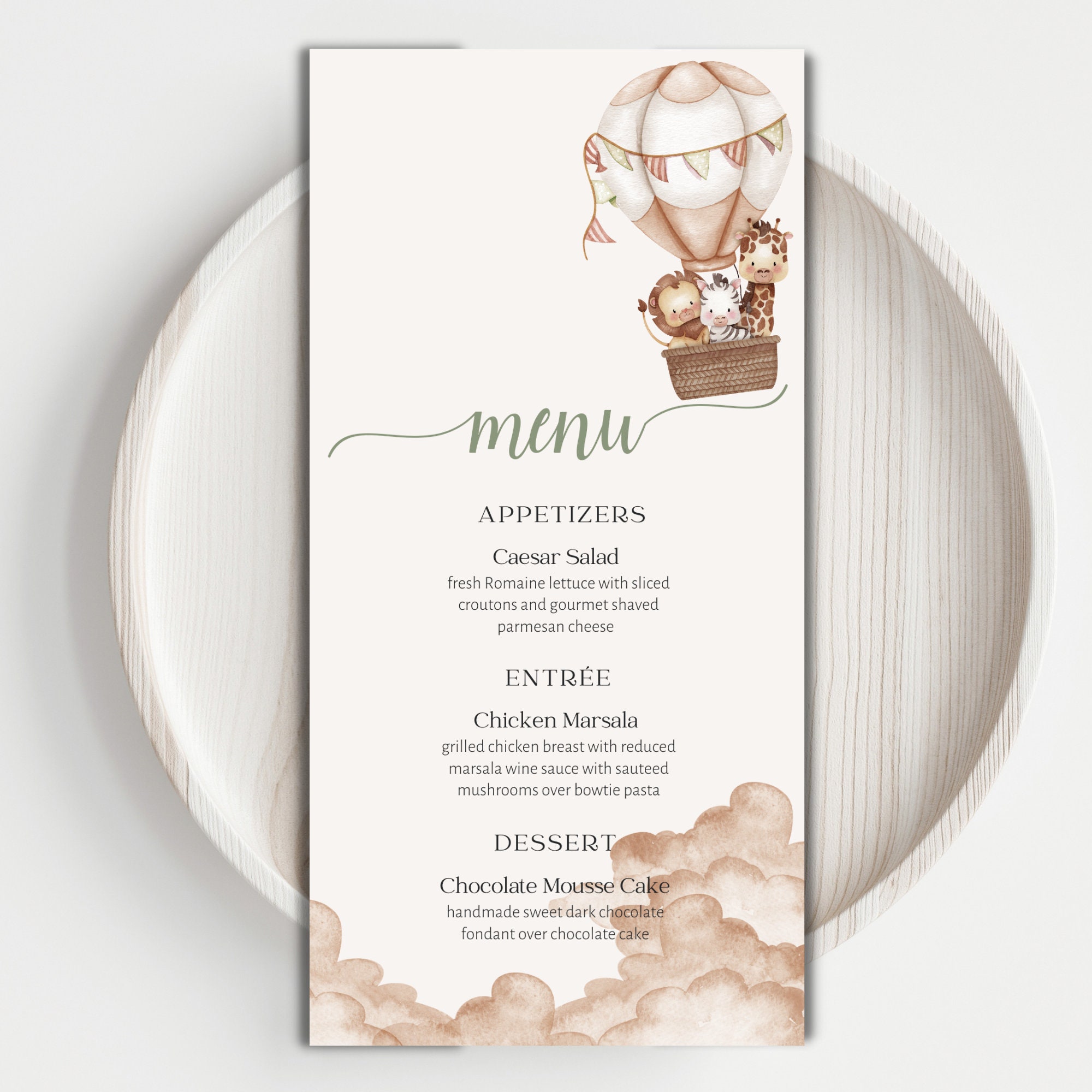 Hello Baby Safari Animals Hot Air Balloons Baby Shower Dinner Menu ...