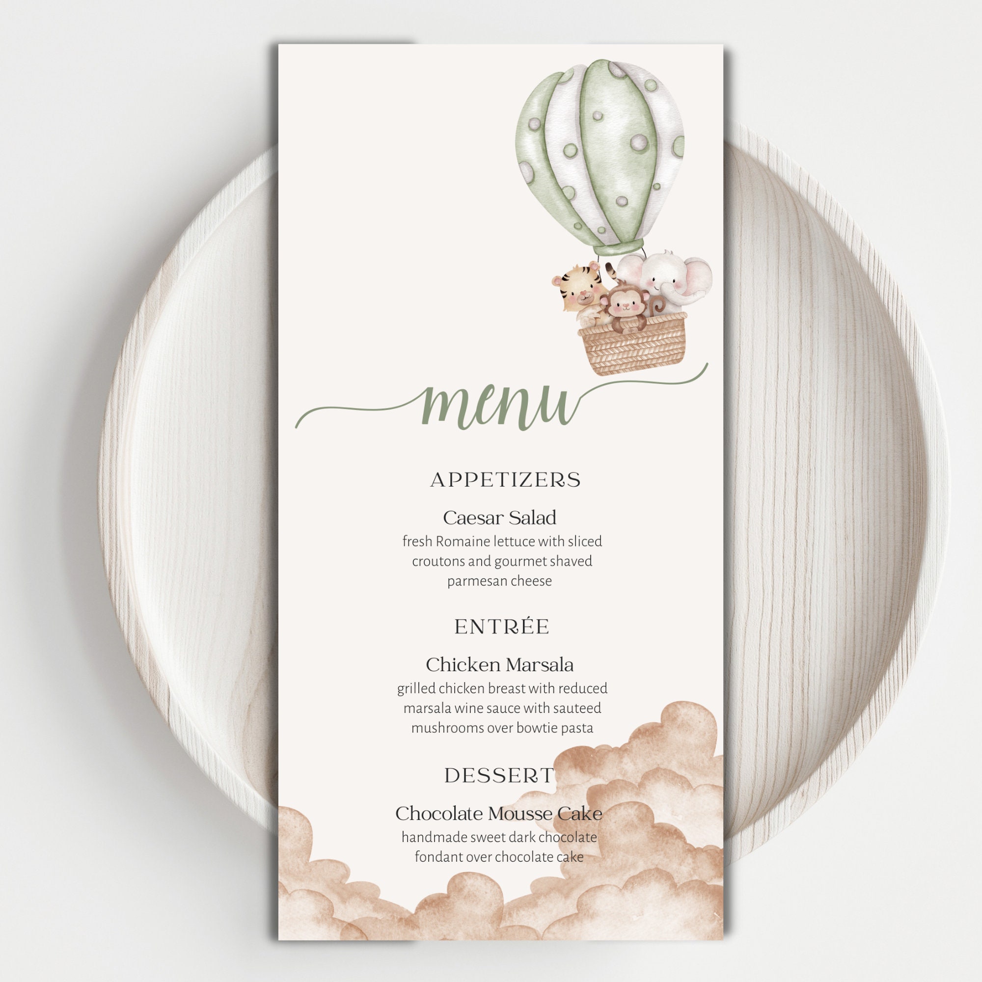 Hello Baby Safari Animals Hot Air Balloons Baby Shower Dinner Menu ...