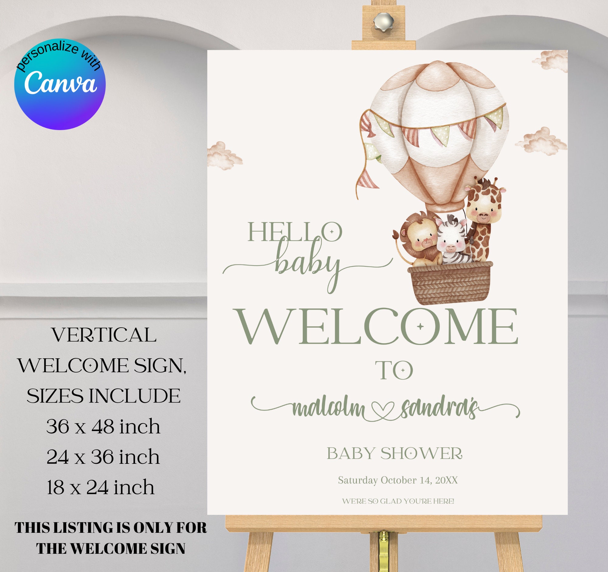 Editable Safari Animal Neutral Hot Air Balloon Baby Shower Welcome Sign ...