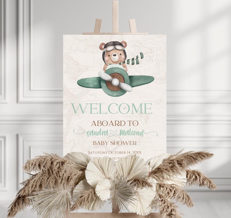 Sage Green Bear Airplane Boy Baby Shower Welcome Sign, Travel Theme ...