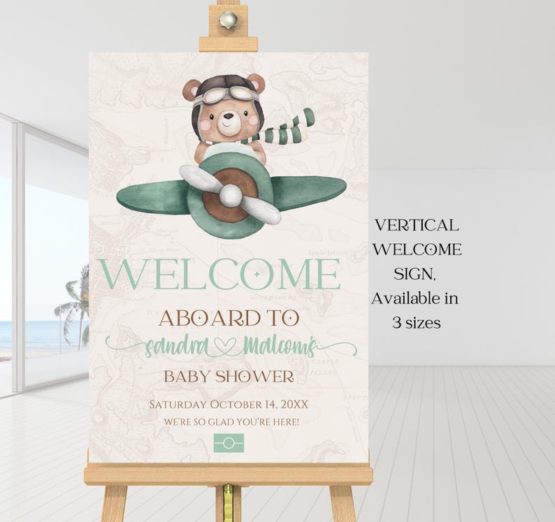 Sage Green Bear Airplane Boy Baby Shower Welcome Sign, Travel Theme ...