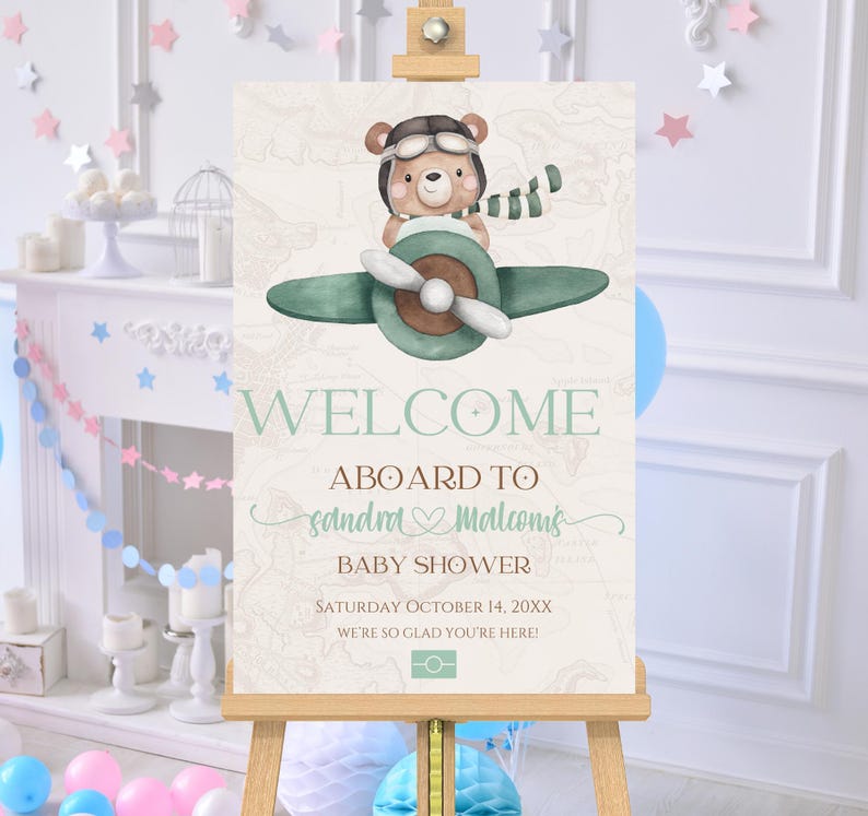 Sage Green Bear Airplane Boy Baby Shower Welcome Sign, Travel Theme ...