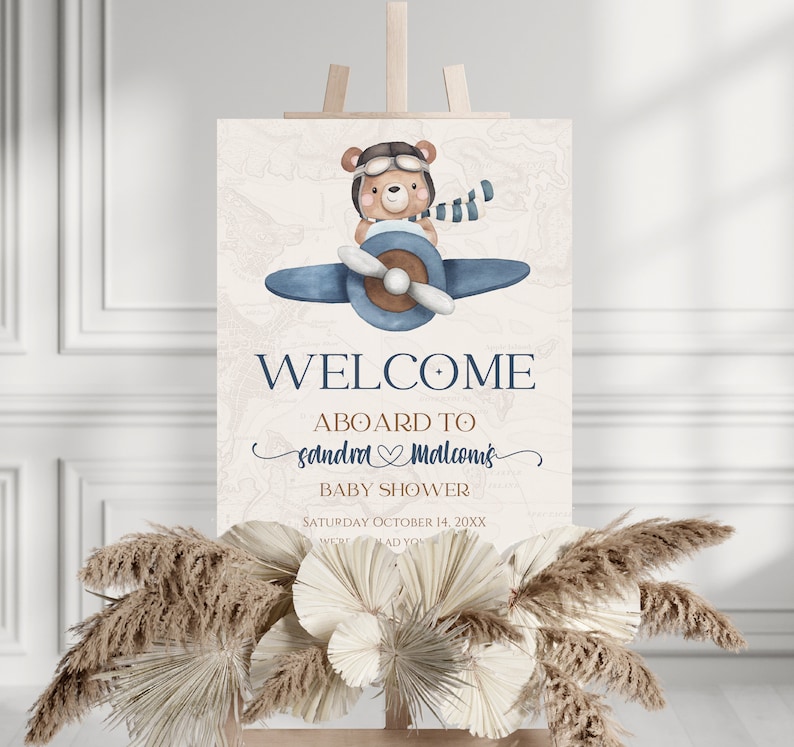 Bear Airplane Boy Baby Shower Welcome Sign, Travel Theme (digital ...