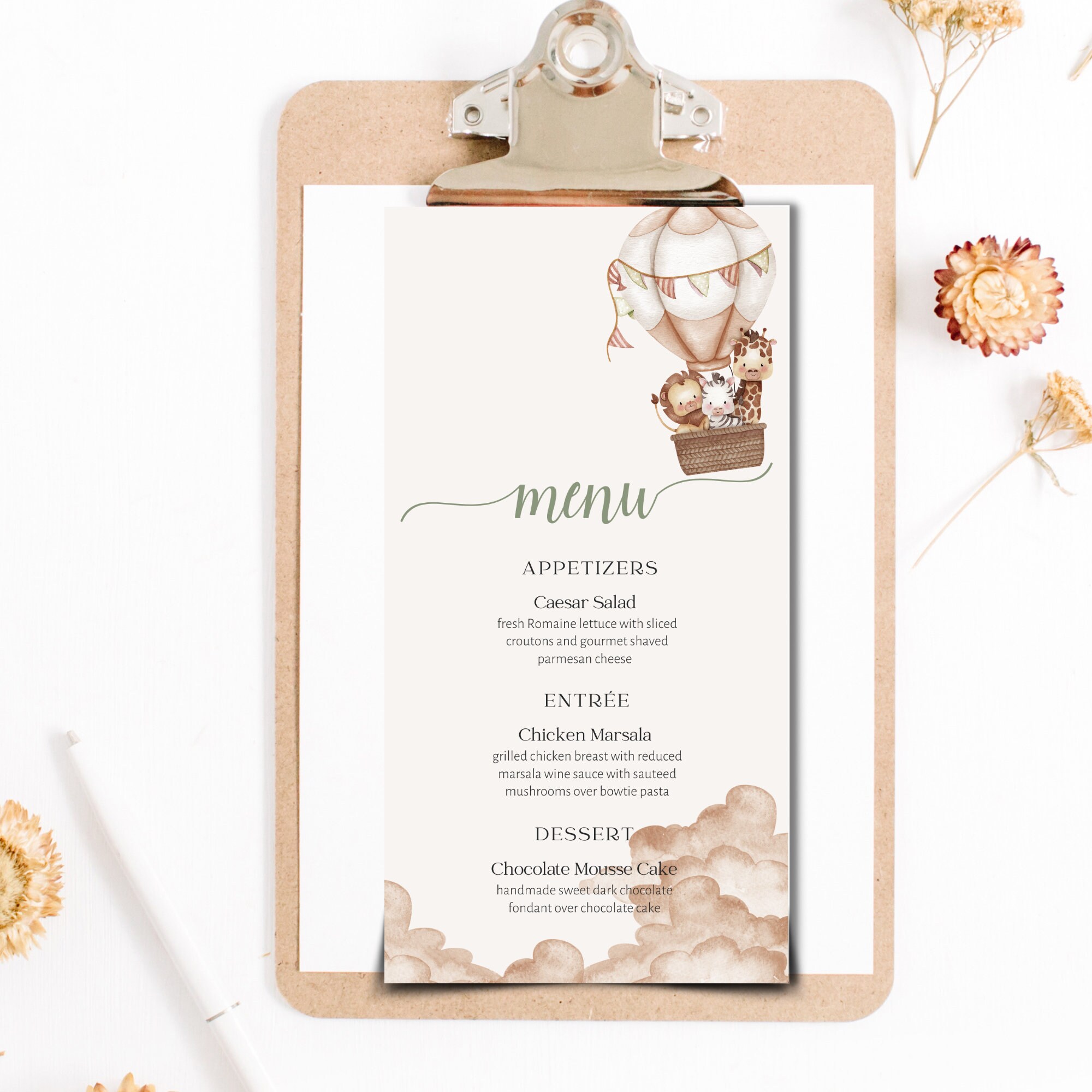 Hello Baby Safari Animals Hot Air Balloons Baby Shower Dinner Menu ...