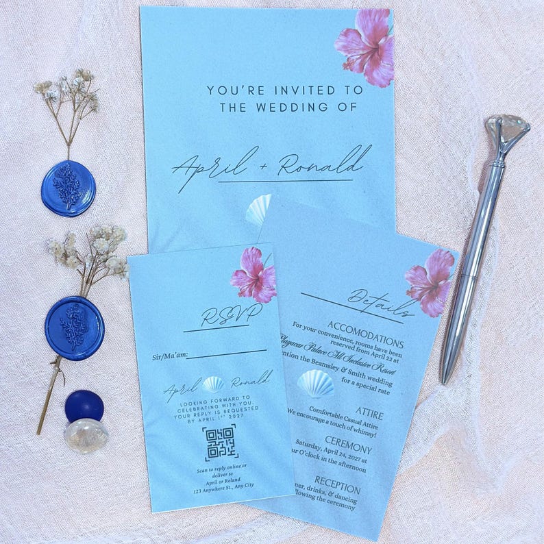 Beach Wedding Invitation Suite Stationery Set Tropical Destination ...