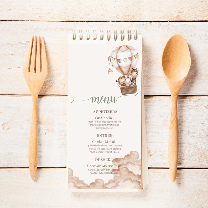 Hello Baby Safari Animals Hot Air Balloons Baby Shower Dinner Menu ...