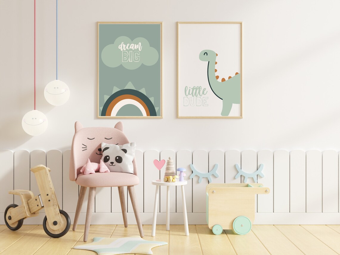 Rainbow Dinosaur Printable Wall Art Set of 2, Dino Room Decor, Kids Art ...