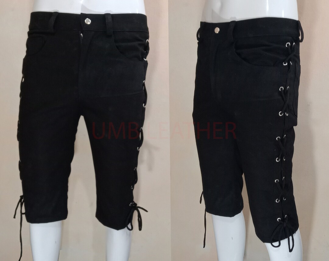 Men Lace up Black Denim Shorts Below Knee Shorts Custom - Etsy