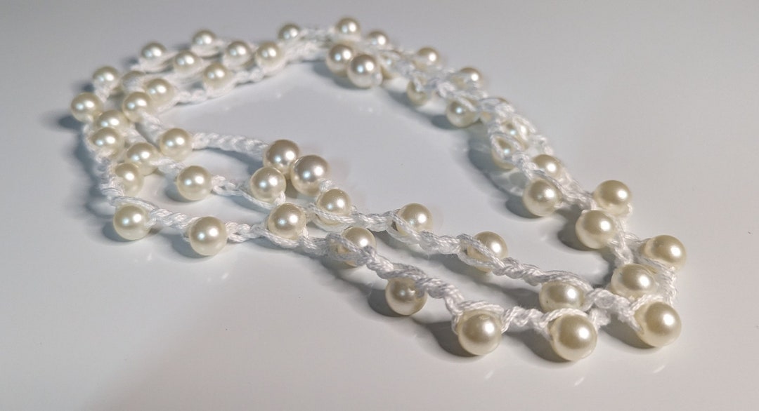 White Pearl Boho Crochet Wrap Necklace Elegant Long Beaded Jewelry for ...
