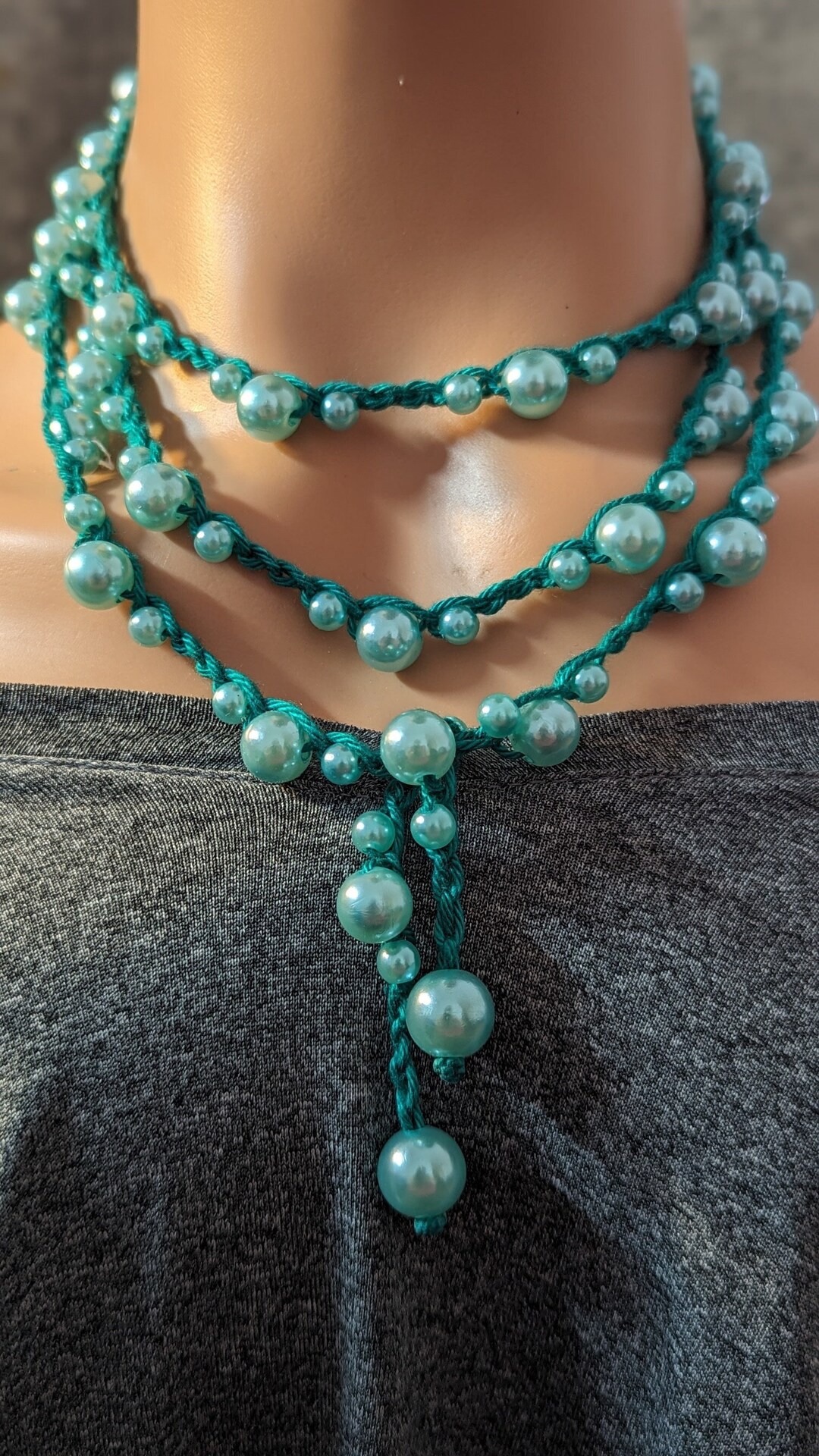 Bohemian Lake Blue Beaded Crochet Wrap Necklace Handmade Boho Chic ...