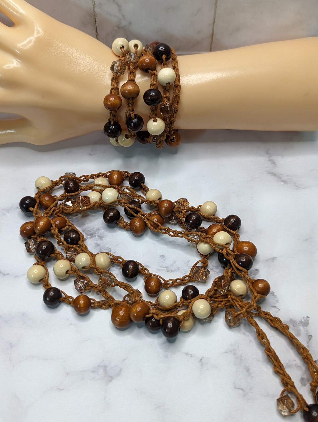 Boho Chic Wood Beaded Crochet Wrap - Versatile Necklace/bracelet Set ...