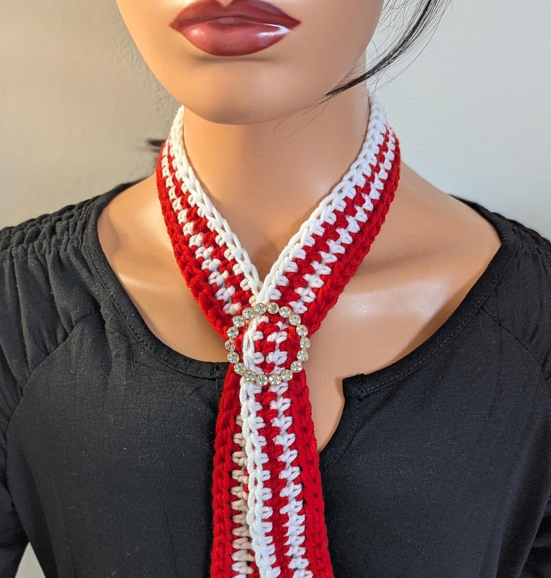 Stunning Peppermint Stripe Crochet Skinny Scarf With Elegant Ring for Fashion Lovers Great ...