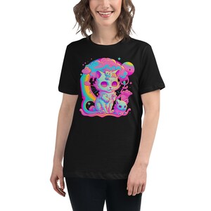 Lisa Frank Style 90s Pastel Goth Creepy Cute Cat Women's Relaxed T ...