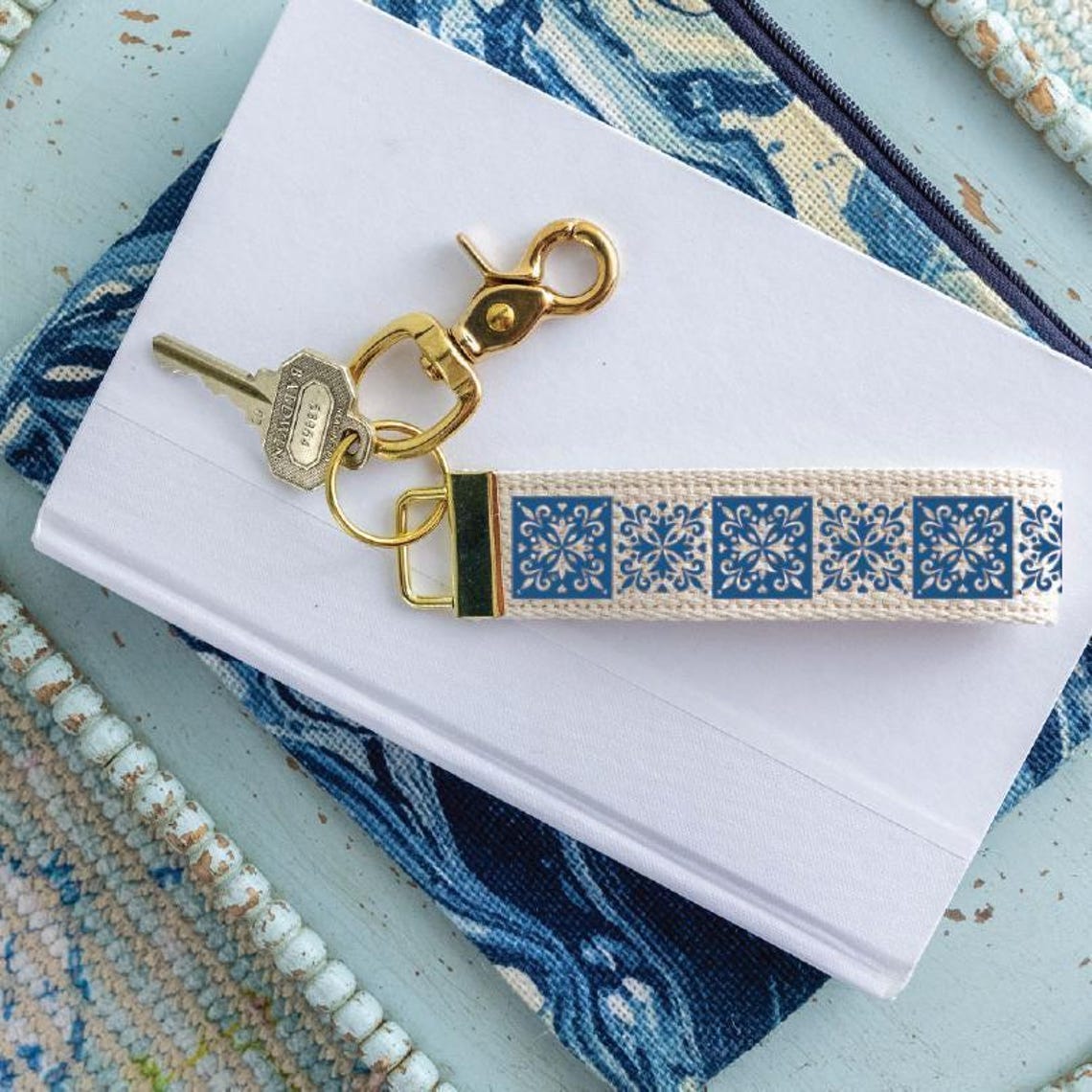 Personalized Blue Tiles Keychain | Unique Hand-painted Cotton Accessory ...