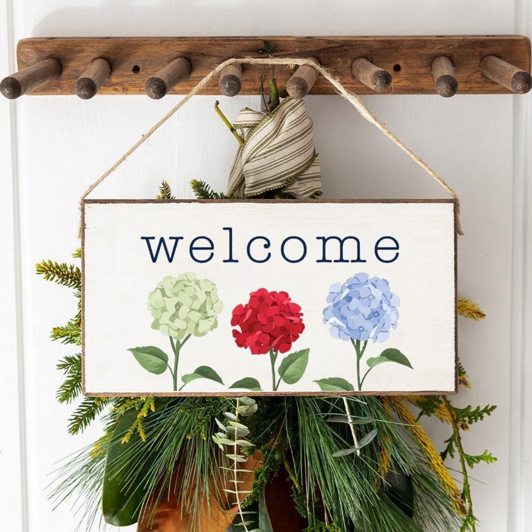 Welcome Patriotic Hydrangeas Twine Sign | Rustic Barn Wood Home Decor ...