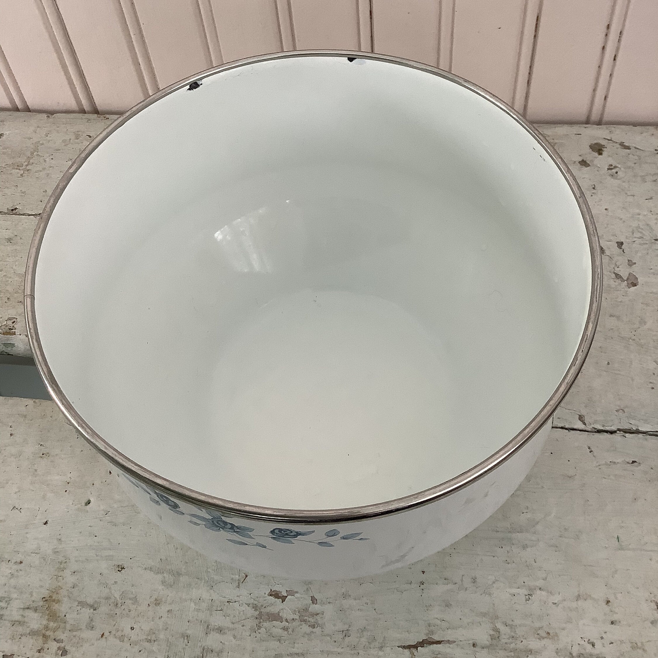 Unmarked Blue Flower Enamelware Bowl/white/floral Design/silver Rim ...