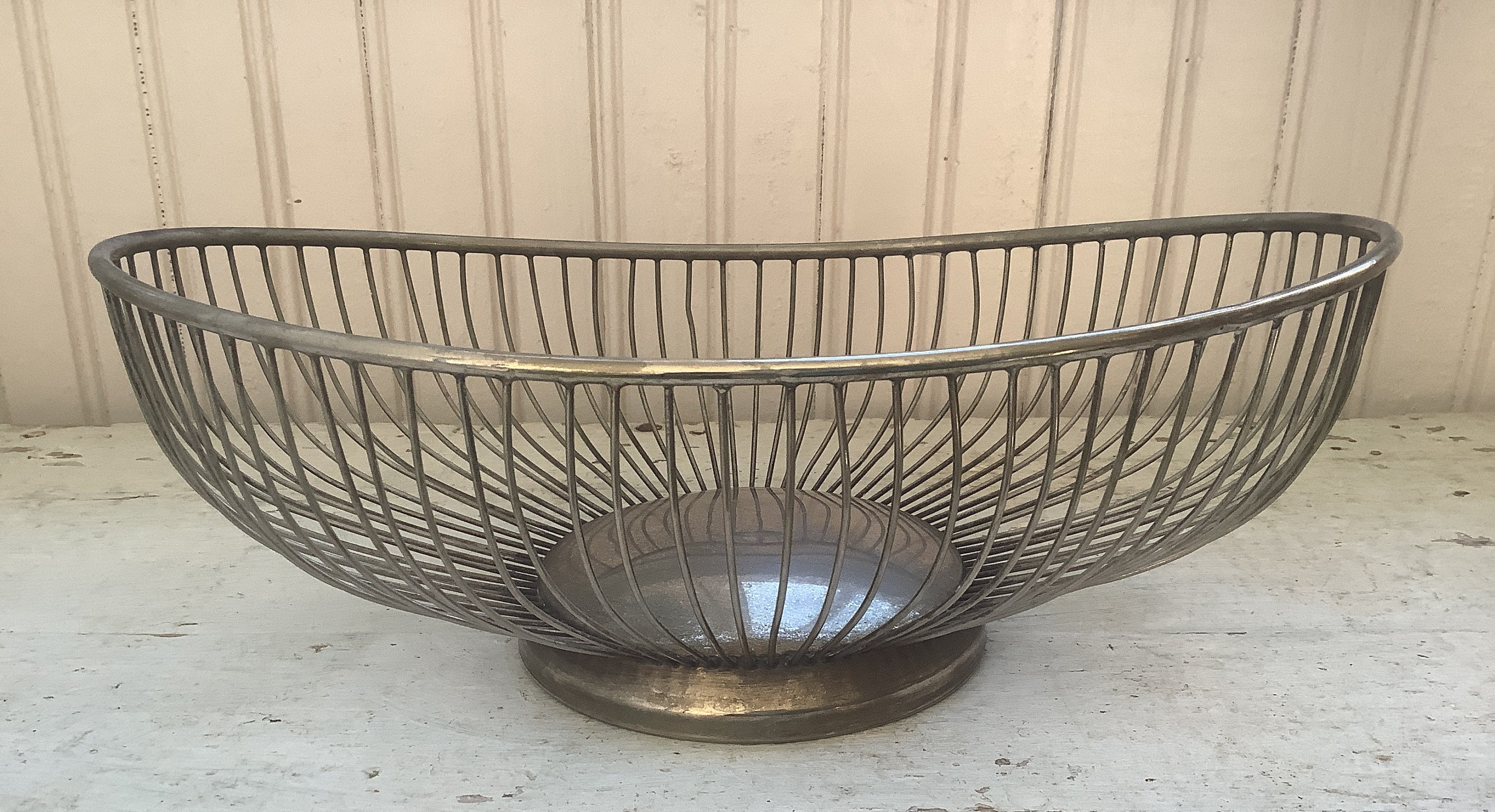 Unmarked Oval Metal Bowl on Pedestal/measures 12 Inches Length by 7 1/2 ...