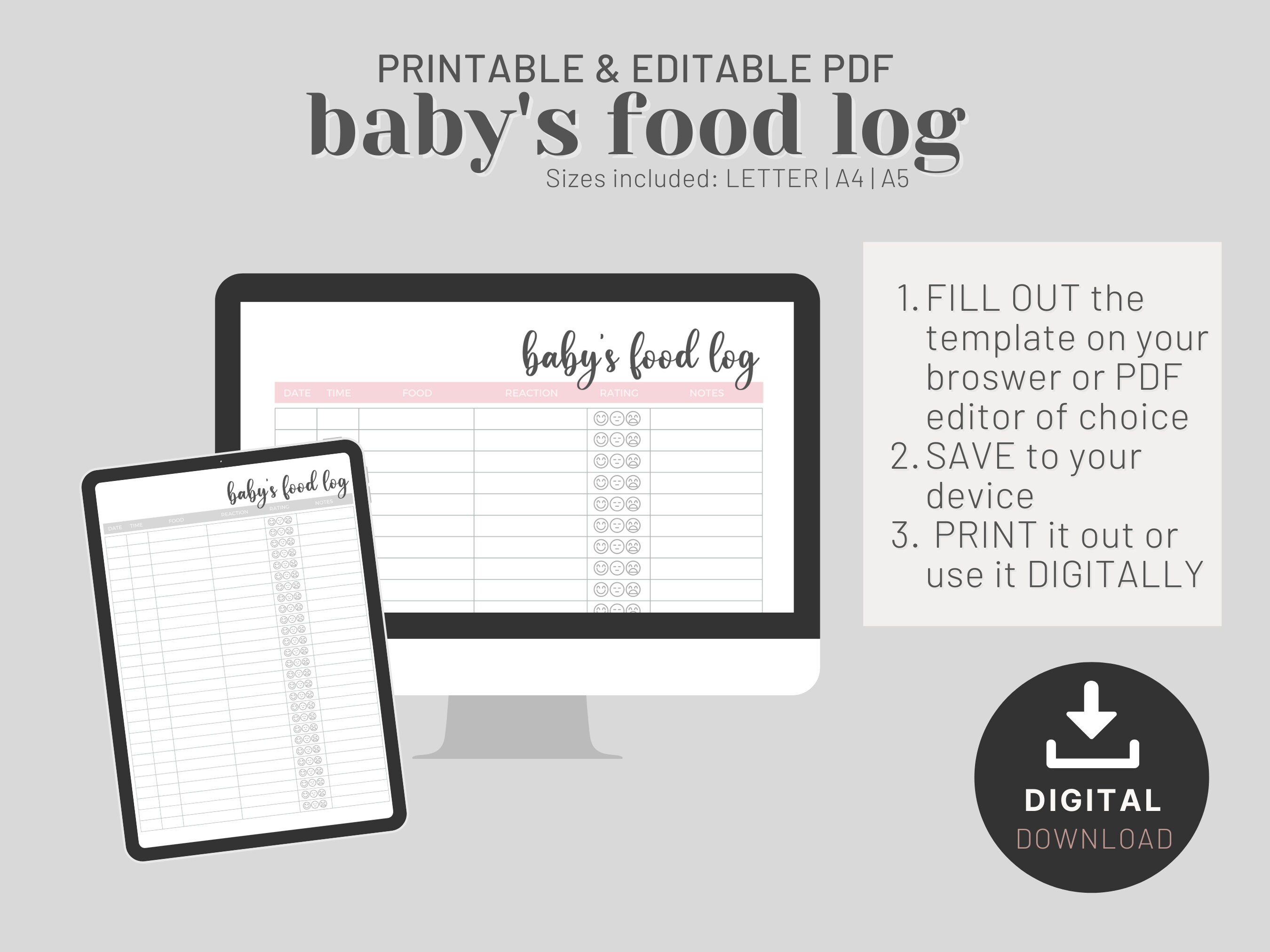 Baby Food Allergy Log, Food Diary, Food Exposure Tracker, Solid Food ...