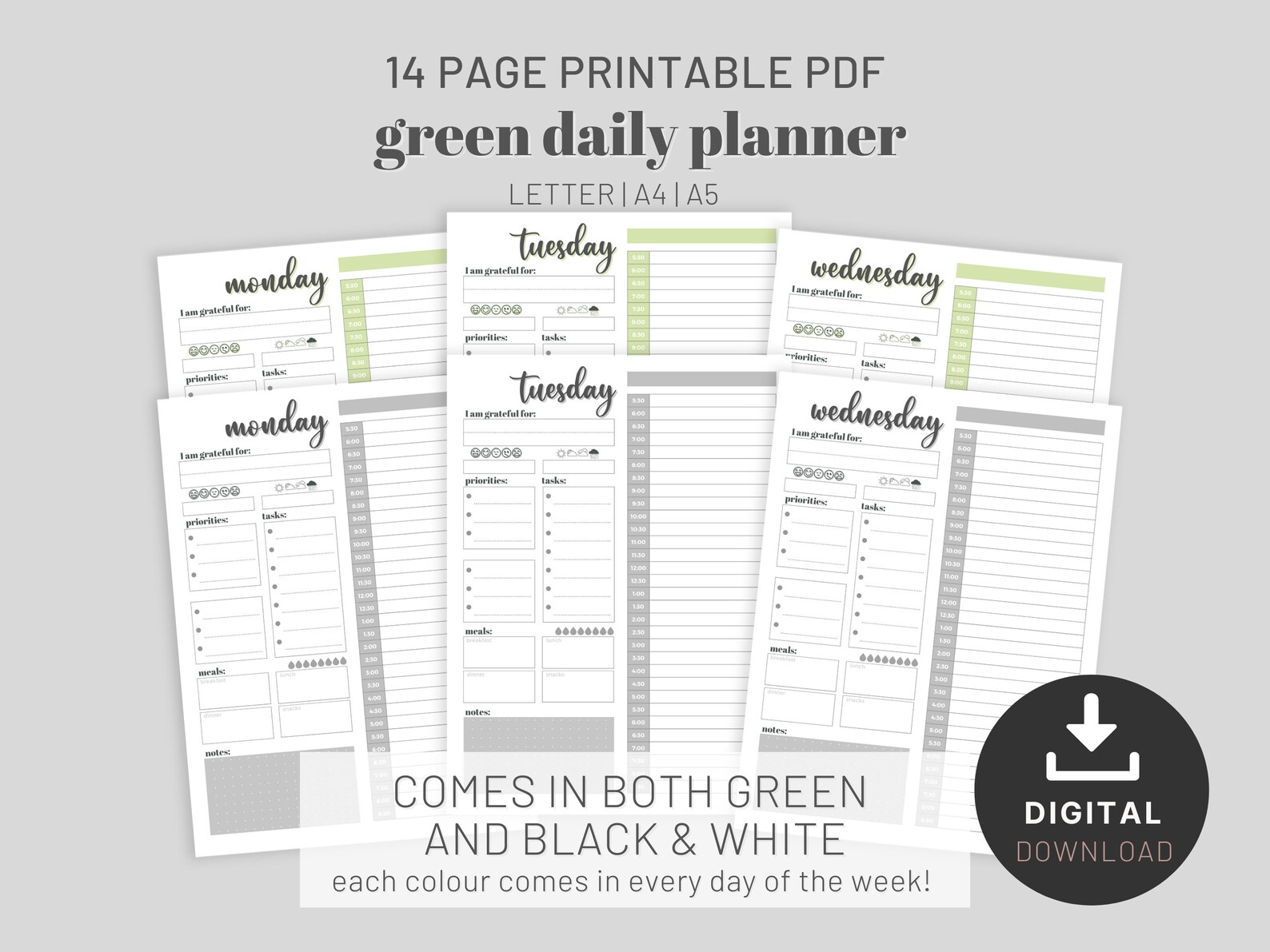 Green Printable Daily Planner, to Do List, Daily Schedule, Mood Tracker ...