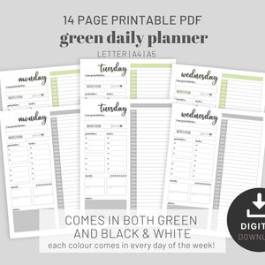 Green Printable Daily Planner, to Do List, Daily Schedule, Mood Tracker ...