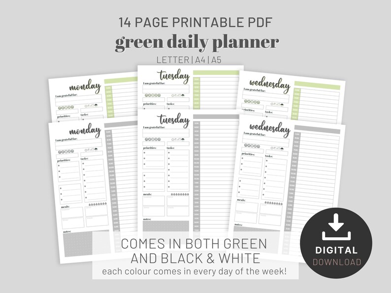 Green Printable Daily Planner, to Do List, Daily Schedule, Mood Tracker ...