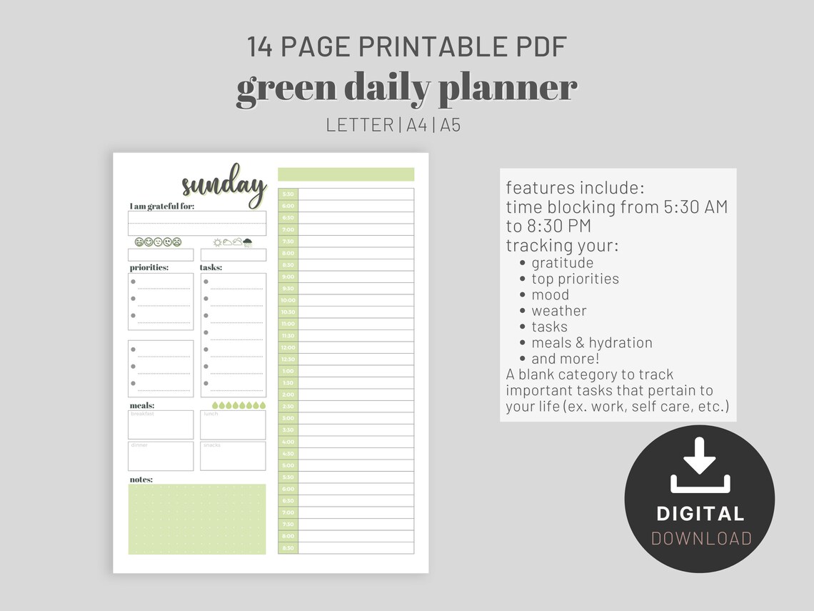 Green Printable Daily Planner, to Do List, Daily Schedule, Mood Tracker ...