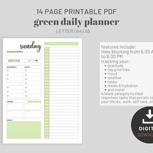 Green Printable Daily Planner, to Do List, Daily Schedule, Mood Tracker ...