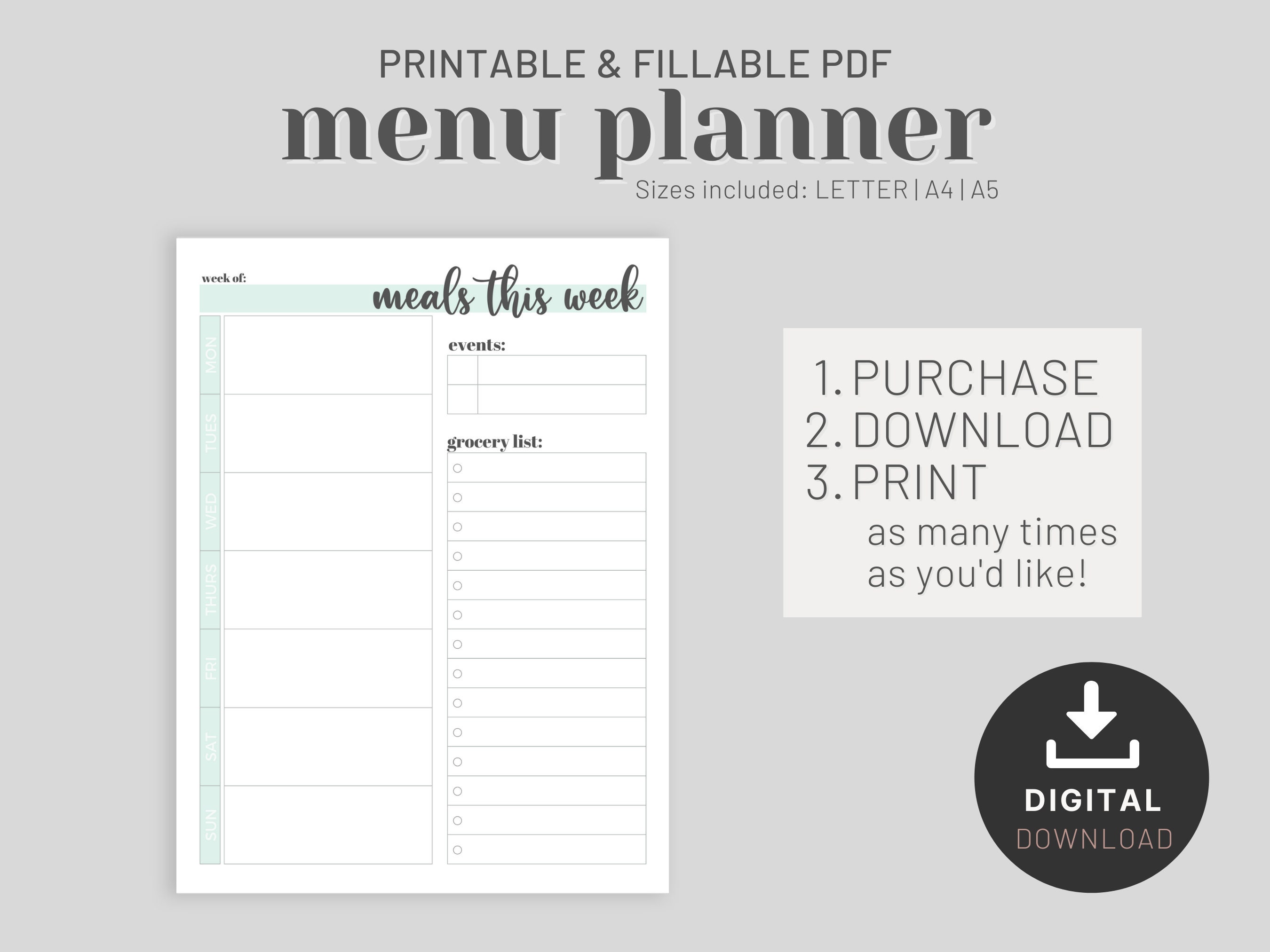 Fillable Menu Planner, Meal Planner, Weekly Meal Plan, Grocery List ...