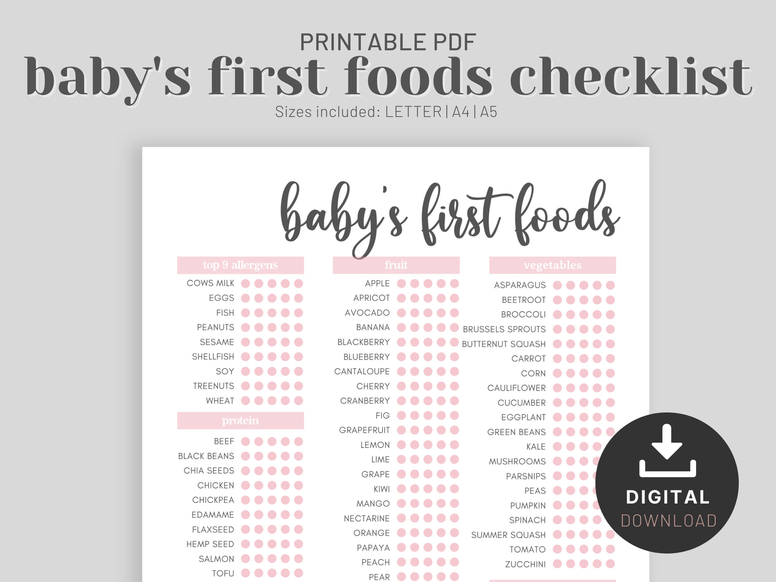 Baby's First Foods Checklist, Food Exposure Tracker, Solid Food List ...