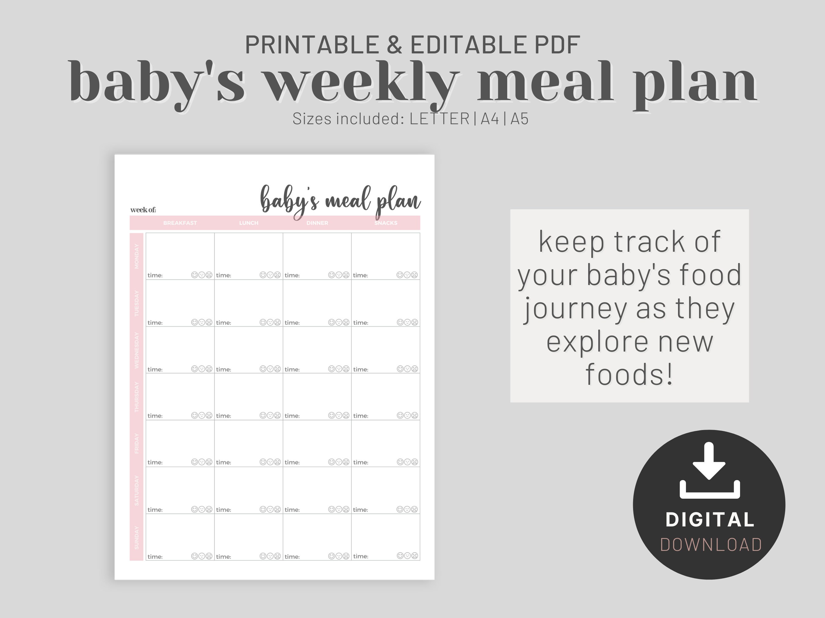 Baby's Weekly Meal Plan, Food Diary, Food Exposure Tracker, Solid Food ...