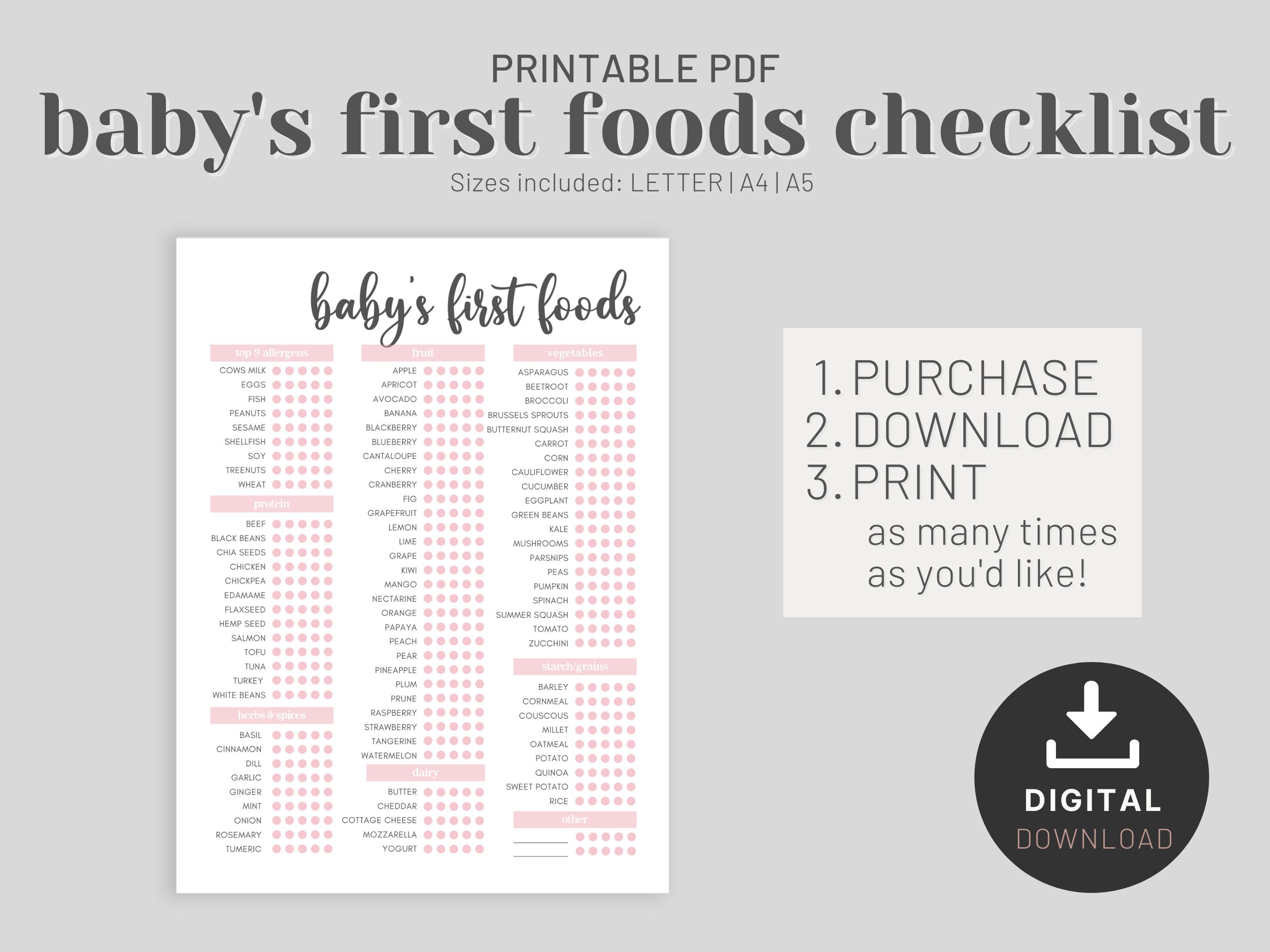 Baby's First Foods Checklist, Food Exposure Tracker, Solid Food List ...