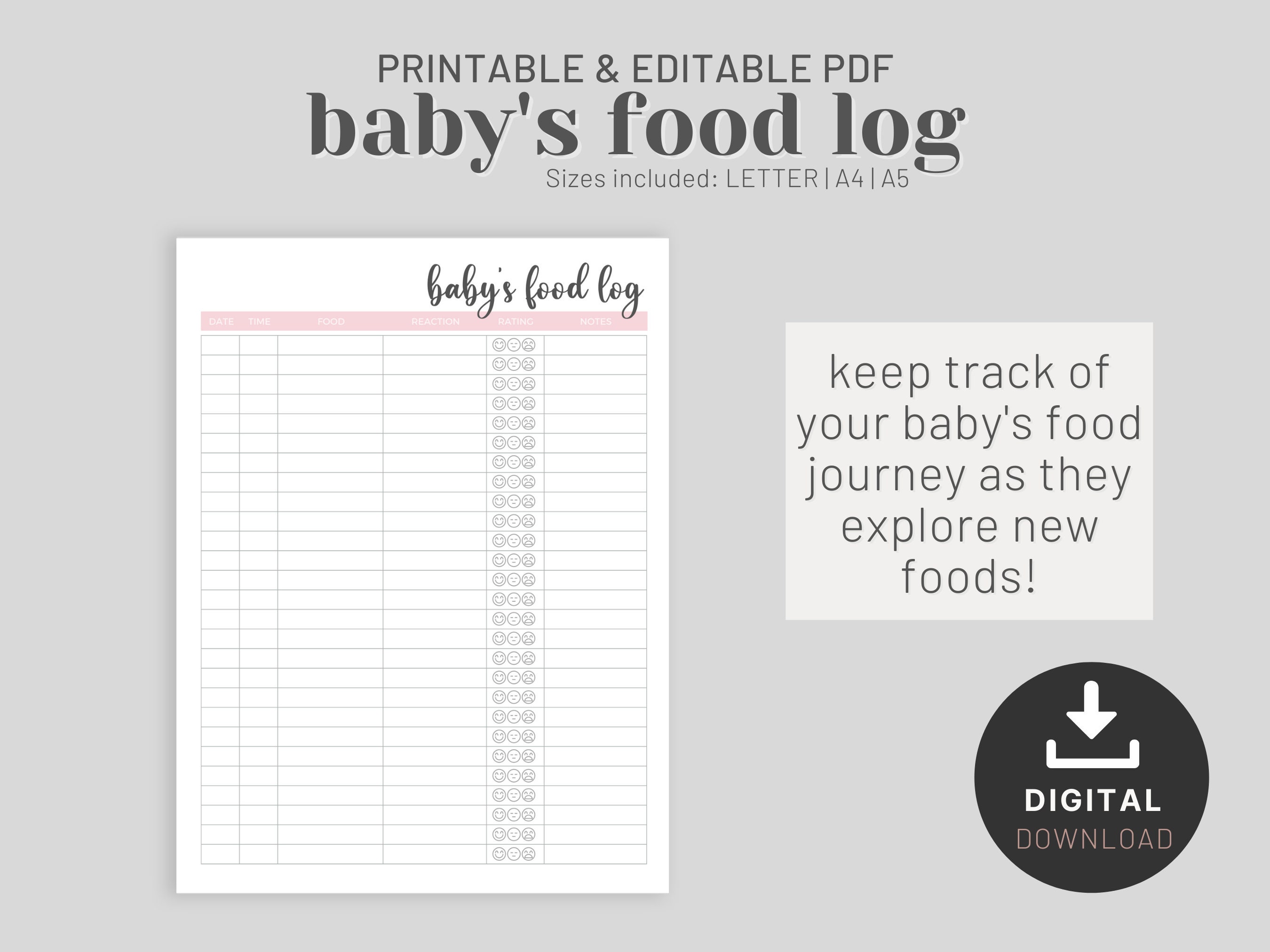 Baby Food Allergy Log, Food Diary, Food Exposure Tracker, Solid Food ...