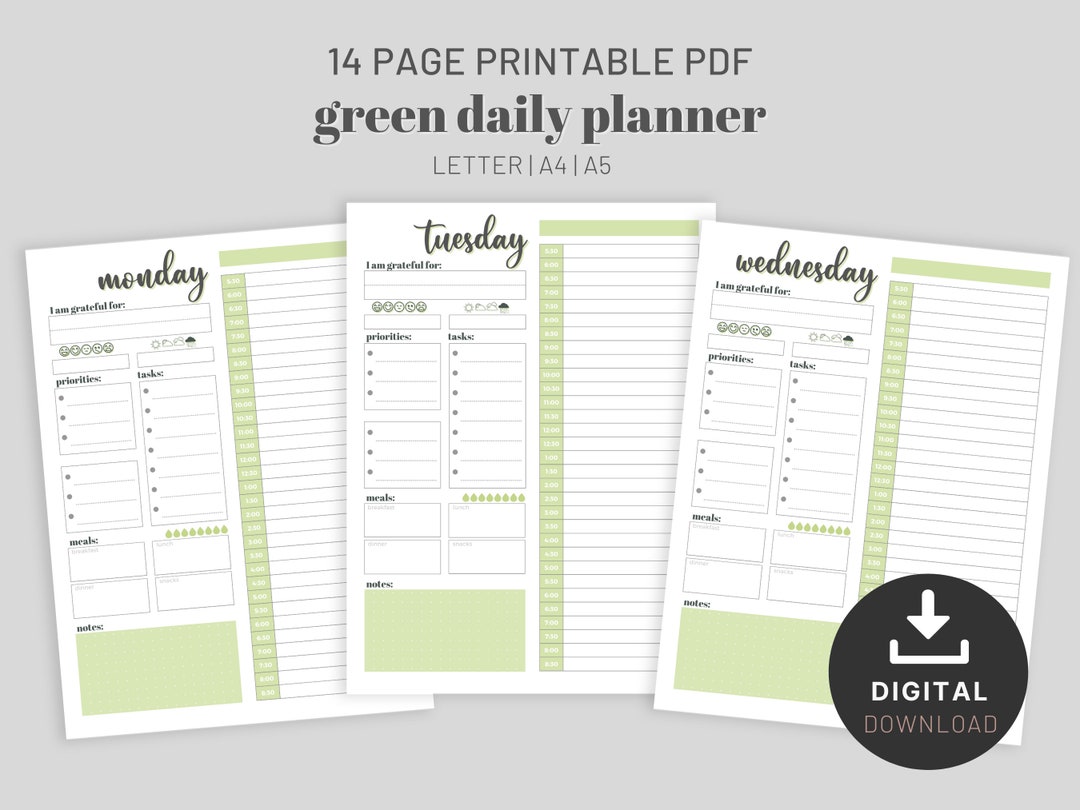 Green Printable Daily Planner, to Do List, Daily Schedule, Mood Tracker ...