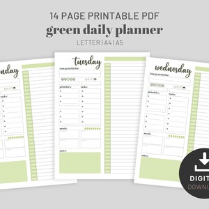 Green Printable Daily Planner, to Do List, Daily Schedule, Mood Tracker ...