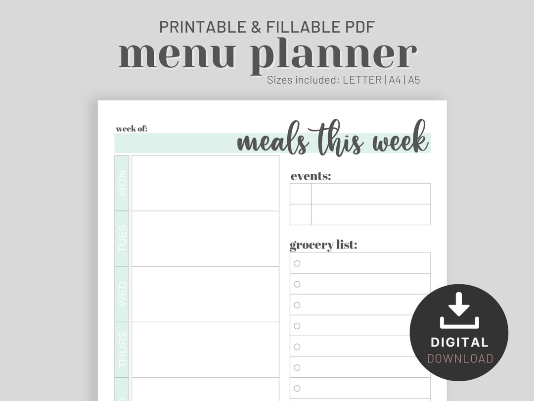 Fillable Menu Planner, Meal Planner, Weekly Meal Plan, Grocery List ...