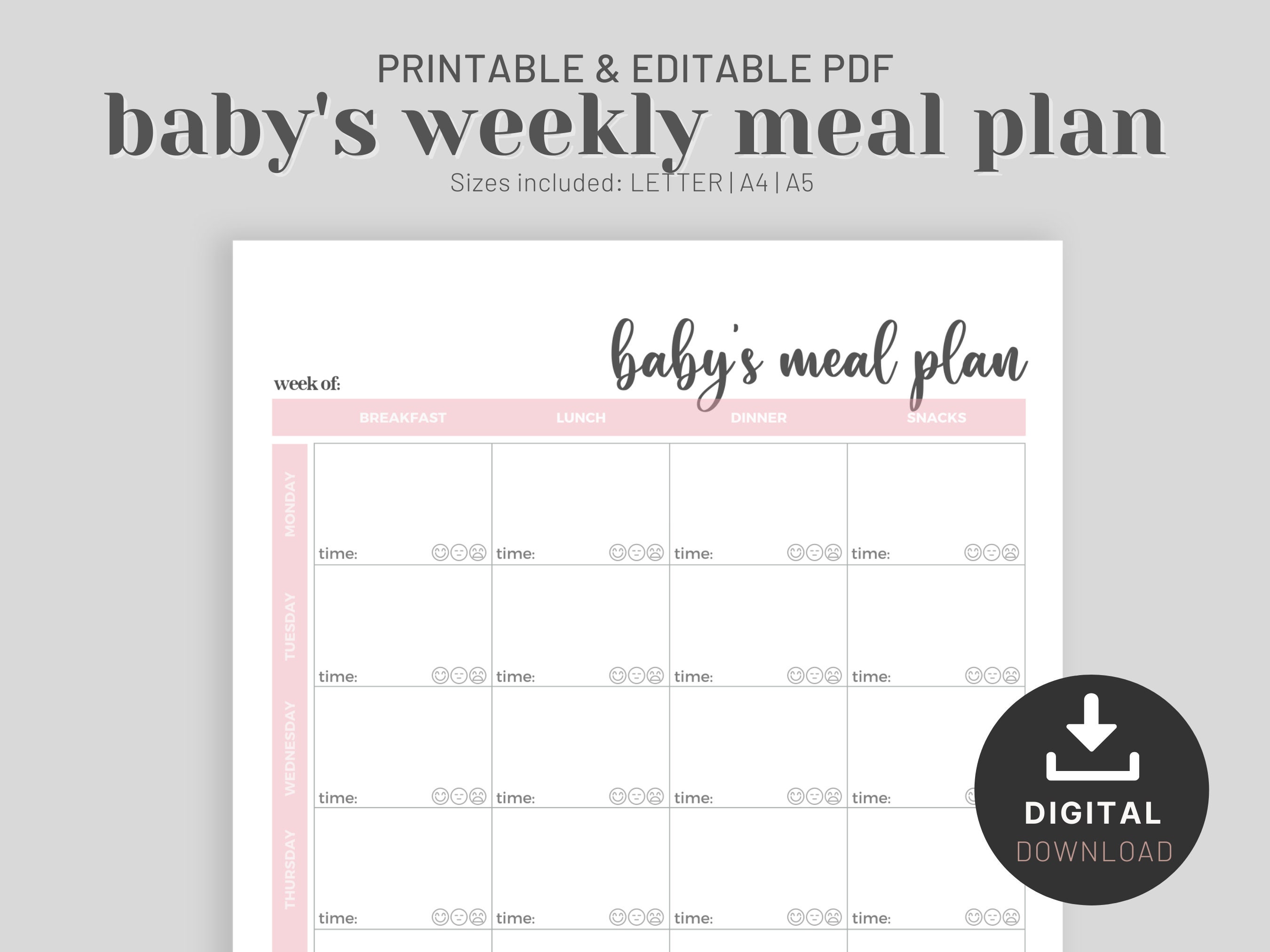 Baby's Weekly Meal Plan, Food Diary, Food Exposure Tracker, Solid Food ...