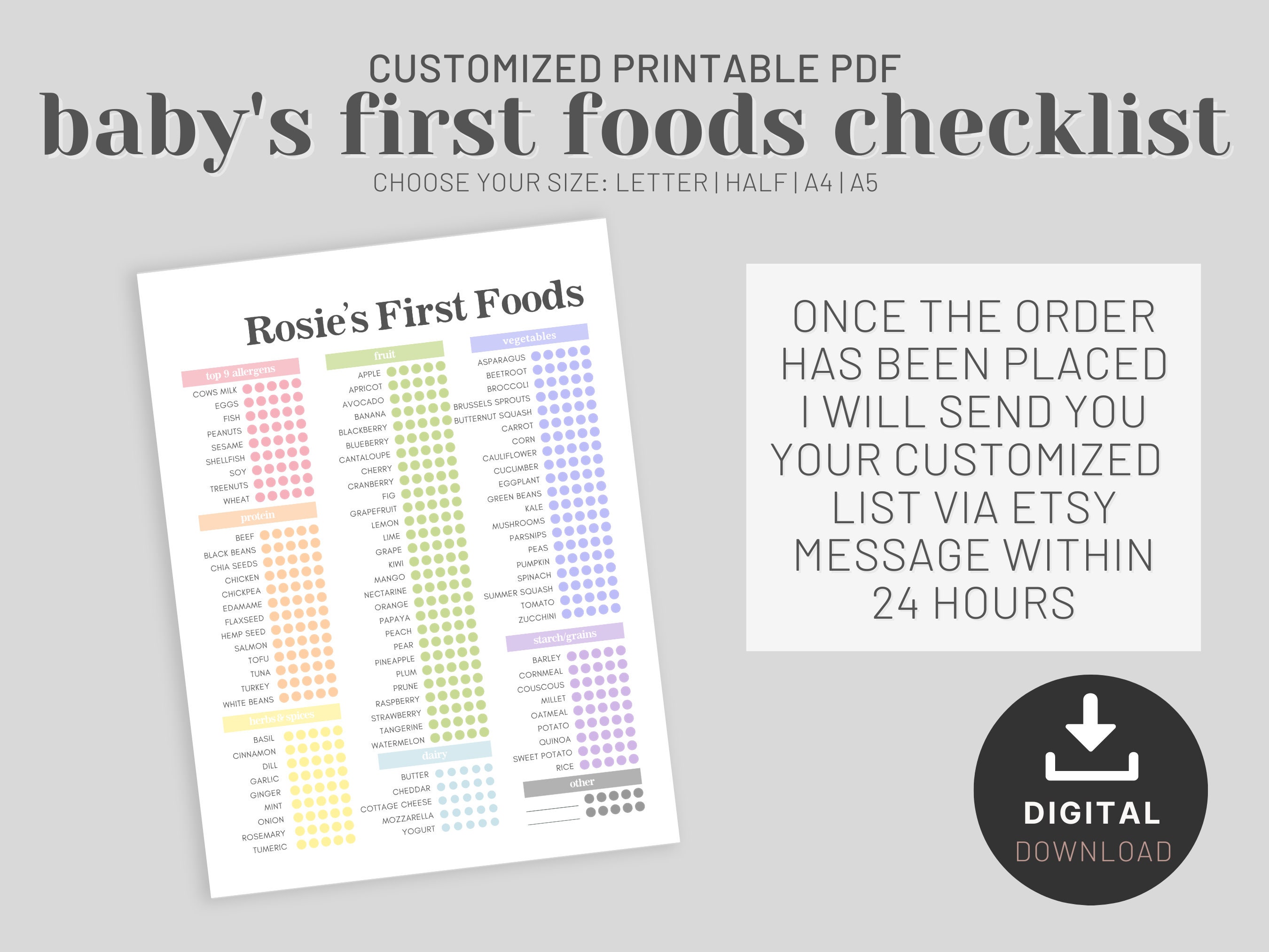 Baby's First Foods Checklist, Baby Led Weaning Food Tracker, Solid Food ...