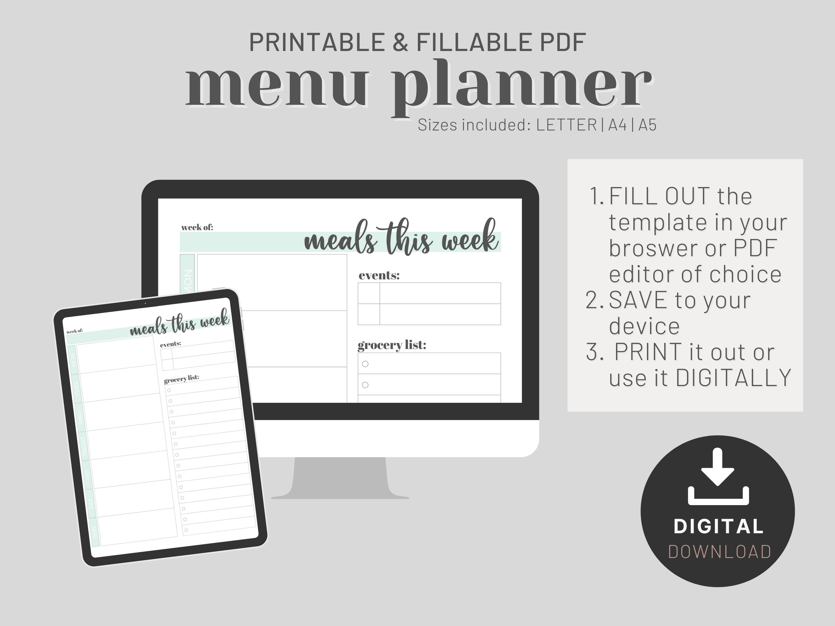 Fillable Menu Planner, Meal Planner, Weekly Meal Plan, Grocery List ...