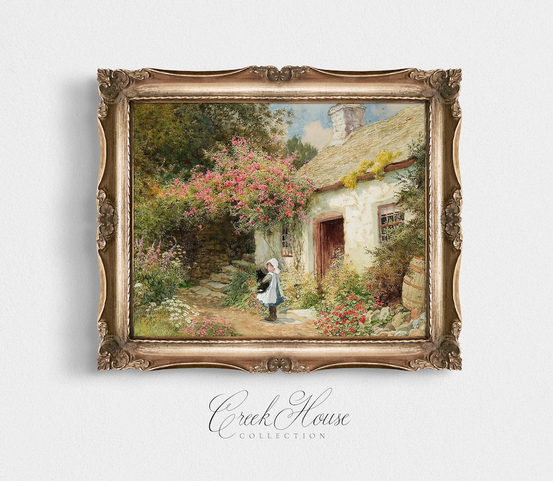 Cottage Scene With Little Girl and Cat | Vintage Art Print | Digital ...