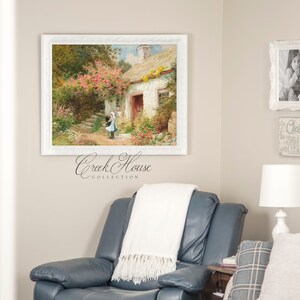 Cottage Scene With Little Girl and Cat | Vintage Art Print | Digital ...