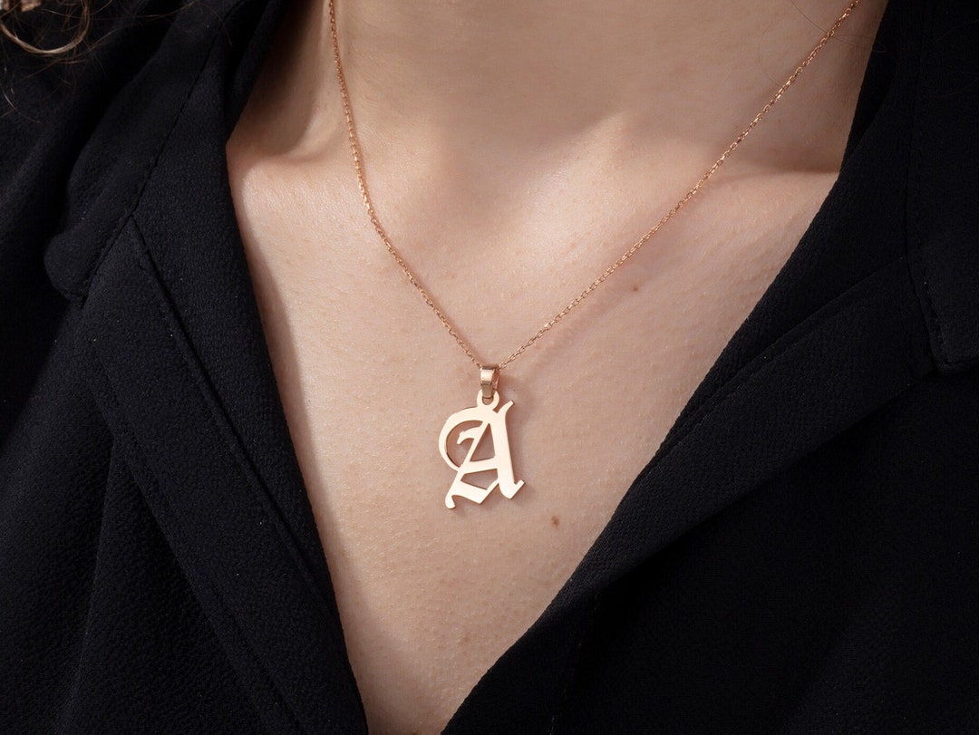 14K Gold Name Initial Necklaces for Women, 18K Gold Old English Font ...
