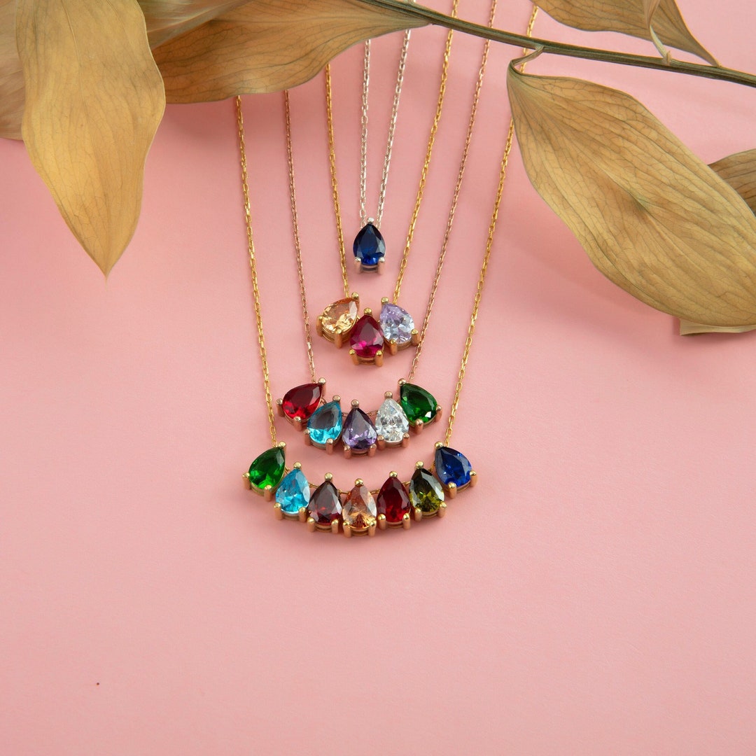 14K Gold Teardrop Birthstone Necklace, Silver Pear Birthstone Necklace ...